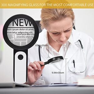 JMH Magnifying Glass with Light, 30X Handheld Large Magnifying Glass 18LED Cold and Warm Light with 3 Modes, Illuminated Lighted Magnifier for Seniors Reading, Inspection, Coins, Jewelry, Exploring