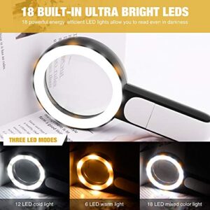 JMH Magnifying Glass with Light, 30X Handheld Large Magnifying Glass 18LED Cold and Warm Light with 3 Modes, Illuminated Lighted Magnifier for Seniors Reading, Inspection, Coins, Jewelry, Exploring