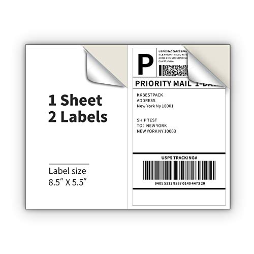 KKBESTPACK Half Sheet Shipping Labels for Laser and Inkjet Printers – 2 Per Page Self Adhesive Mailing Labels – White 8.5 x 5.5 (200 Labels) (2LP)