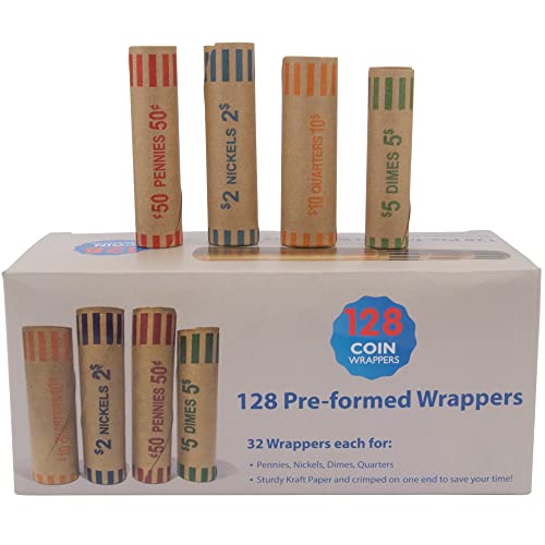 L LIKED 128 Assorted Preformed Coin Wrappers Rolls - Quarters, Pennies, Nickels and Dimes (128 Assorted)