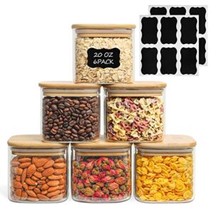 comsaf 20 oz glass food storage jars set of 6, clear storage containers with airtight bamboo lid, pantry organization jar, spice, blooming tea, coffee and sugar container, canister set for kitchen