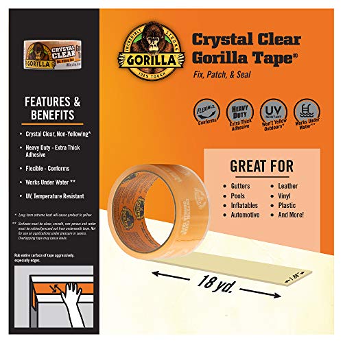 Gorilla Crystal Clear Repair Duct Tape, 1.88” x 18 yd, Clear, (Pack of 1)