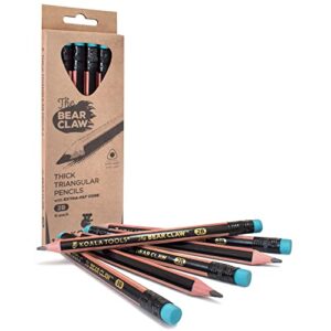 koala tools | bear claw pencils (pack of 6) – fat, thick, strong, triangular grip, graphite, 2b lead with eraser – suitable for kids, art, drawing, drafting, sketching & shading