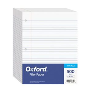 oxford filler paper, 8 x 10-1/2 inch wide ruled paper, 3 hole punch, loose leaf notebook paper for 3 ring binders, 500 sheets (62330), white