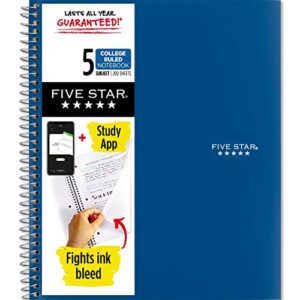 five star spiral notebook + study app, 5 subject, college ruled paper, 200 sheets, 11″ x 8-1/2″, pacific blue, 1 count (73635)