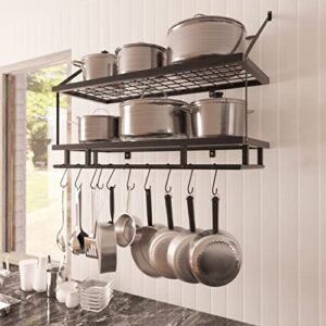 kes 30-inch kitchen pot rack – mounted hanging rack for kitchen storage and organization- matte black 2-tier wall shelf for pots and pans with 12 hooks – kur215s75b-bk