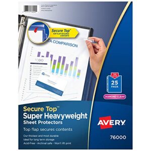 avery 76000 secure top sheet protectors, super heavy gauge, letter, diamond clear (pack of 25)