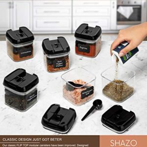 Shazo Airtight 6 Pc Mini Container Set + 6 Spoons, Labels & Marker - Durable Clear Plastic Food Storage Containers with Lids - Kitchen Cabinet Pantry Containers for Spices, Herbs, Coffee, Tea etc