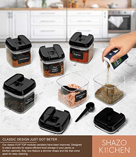 Shazo Airtight 6 Pc Mini Container Set + 6 Spoons, Labels & Marker - Durable Clear Plastic Food Storage Containers with Lids - Kitchen Cabinet Pantry Containers for Spices, Herbs, Coffee, Tea etc