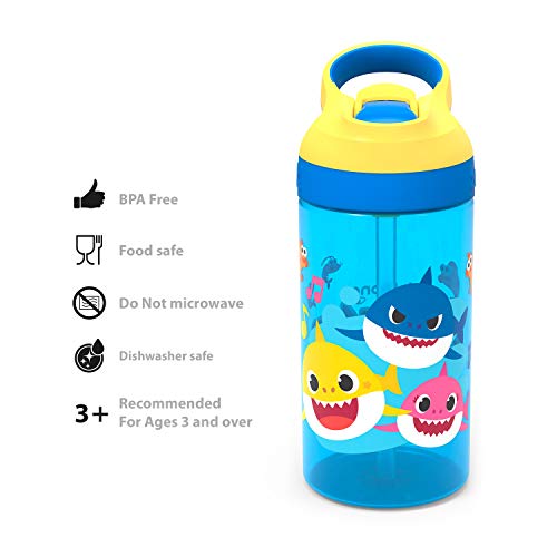 Zak Designs Baby Shark Kids Water Bottle with Straw and Built in Carrying Loop Made of Durable Plastic, Leak-Proof Design (16 oz