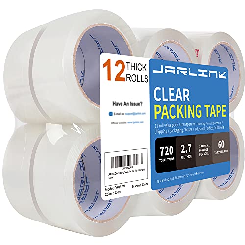 JARLINK Clear Packing Tape (12 Rolls), Heavy Duty Packaging Tape for Shipping Packaging Moving Sealing, 2.7mil Thick, 1.88 inches Wide, 60 Yards Per Roll, 720 Total Yards