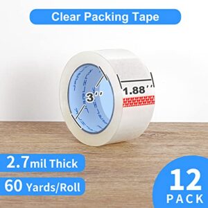 JARLINK Clear Packing Tape (12 Rolls), Heavy Duty Packaging Tape for Shipping Packaging Moving Sealing, 2.7mil Thick, 1.88 inches Wide, 60 Yards Per Roll, 720 Total Yards