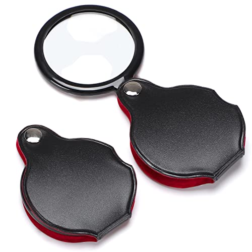 10X Small Magnifying Glass, TEOYALL 2 PCS Mini Pocket Magnifier Folding Magnify Glass with Rotating Protective Holster