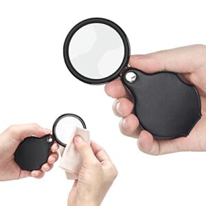 10X Small Magnifying Glass, TEOYALL 2 PCS Mini Pocket Magnifier Folding Magnify Glass with Rotating Protective Holster