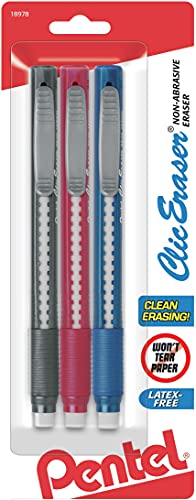 Pentel Clic Retractable Eraser with Grip, 3 Pack