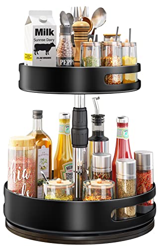 Lazy Susans Organizer 2 Tier Metal Steel, Turntable Height Adjustable, SAYZH Rotating Spice Racks for Pantry Cabinet Cupboard Table, 10 inch, Black