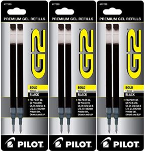 pilot g2 gel ink refill, 2-pack for rolling ball pens, bold point, black ink, pack of 3 = 6 refills