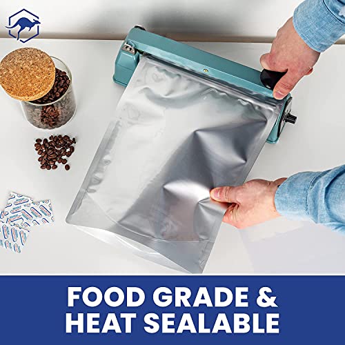 Wallaby 30х 1 Gallon Mylar Bag 7.5 mil for Food Storage with 400cc Oxygen Absorbers & Labels - 10"x14" Stand-Up Heat Seal Bulk Resealable Gusset Ziplock Foil Bags for Freeze Dryers, Dehydrated Dried Food