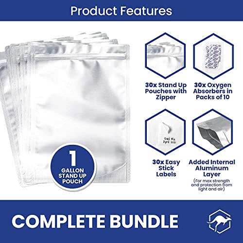 Wallaby 30х 1 Gallon Mylar Bag 7.5 mil for Food Storage with 400cc Oxygen Absorbers & Labels - 10"x14" Stand-Up Heat Seal Bulk Resealable Gusset Ziplock Foil Bags for Freeze Dryers, Dehydrated Dried Food