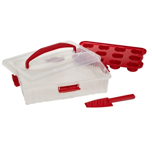 Buddeez Cupcake and Cake Carrier; Stackable Holder includes [CUT/SERVE UTENSIL Under Lid]