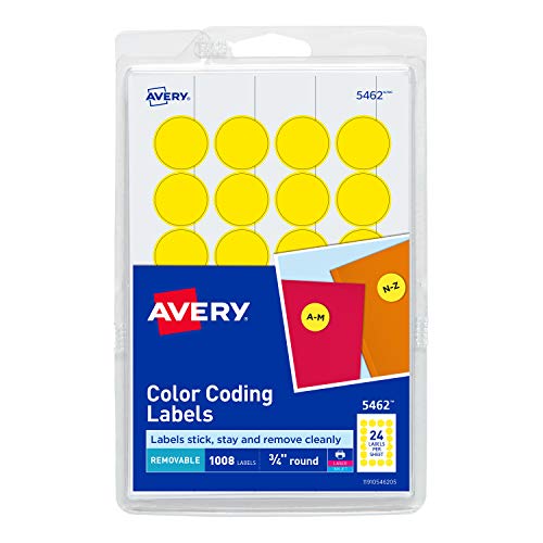 Avery Print/Write Self-Adhesive Removable Labels, 0.75 Inch Diameter, Yellow, 1,008 per Pack (5462)