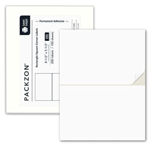 packzon shipping labels with self adhesive, square corner, for laser & inkjet printers, 8.5 x 5.5 inches, white, pack of 200 label