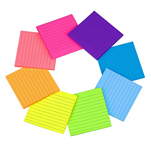 (8 Pack) Lined Sticky Notes 4x4 Bright Stickies Colorful Super Sticking Power Memo Pads, 8 Colors, Strong Adhesive