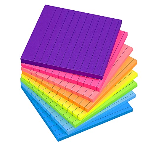 (8 Pack) Lined Sticky Notes 4x4 Bright Stickies Colorful Super Sticking Power Memo Pads, 8 Colors, Strong Adhesive