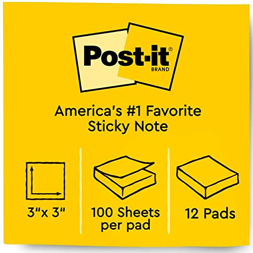 Post-it Notes 3x3 in, 12 Pads, America's 1 Favorite Sticky Notes, Canary Yellow, Clean Removal, Recyclable (654)