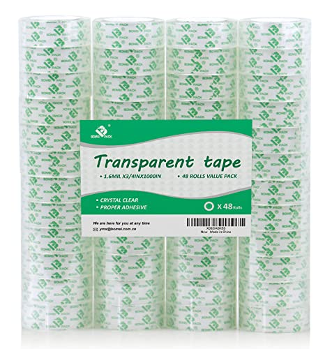 BOMEI PACK 48 Rolls Crystal Clear Transparent Tape, Stationery Tape Refills Rolls for Dispenser, 3/4 in x 1000 in,1 inch Core, Gift Wrapping Tape for Office, School and Home