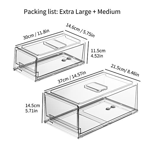 YekouMax Pantry Organization and Storage Bins, Refrigerator Organizer, Plastic Stackable Storage Bins with Drawers, Pull-Out Cabinet Containers for Fridge Kitchen Office (2 PACK, Extra Large & Medium)