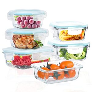 rosos glass food storage containers with lids airtight 6 pack, glass storage containers with lids for food, not easy broken & leak proof, glass containers with lids for oven/dishwasher safe, blue