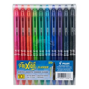 pilot frixion clicker erasable, refillable & retractable gel ink pens, fine point, assorted color inks, 10 count (pack of 1) pouch (11336)