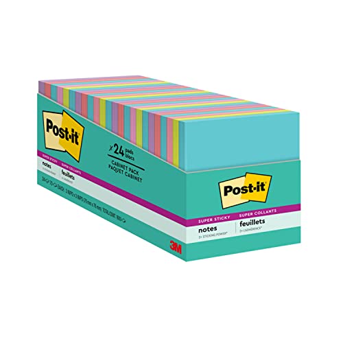 Post-it Super Sticky Notes, 3 in x 3 in, 24 Pads, 2x the Sticking Power, Miami Collection, Neon Colors (Orange, Pink, Blue, Green), Recyclable(654-24SSMIA-CP)