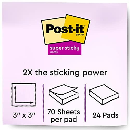 Post-it Super Sticky Notes, 3 in x 3 in, 24 Pads, 2x the Sticking Power, Miami Collection, Neon Colors (Orange, Pink, Blue, Green), Recyclable(654-24SSMIA-CP)