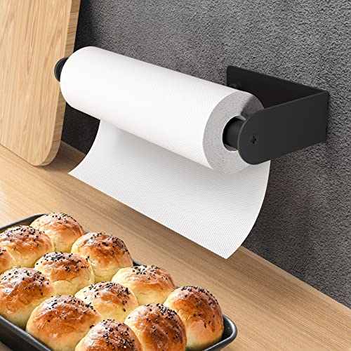 Paper Towel Holder Under Cabinet, MERRYBOX Durable Self Adhesive and Drilling Paper Towel Holder Wall Mount, Stainless Steel Under Cabinet Paper Towel Holder for Kitchen, Bathroom - Black