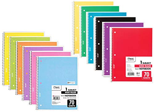 Mead Wide Ruled Spiral Notebooks, Bulk Pack of 12 Colors - 1-Subject Spiral Notebooks Wide Ruled - 70 Pages - Cute Single Subject Notebook Wide Ruled for Adult & Kids - School & Office Use.