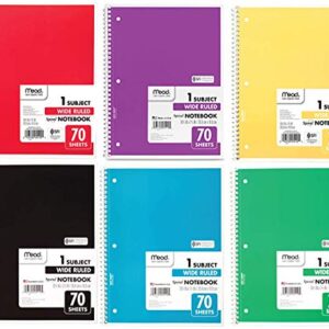 Mead Wide Ruled Spiral Notebooks, Bulk Pack of 12 Colors - 1-Subject Spiral Notebooks Wide Ruled - 70 Pages - Cute Single Subject Notebook Wide Ruled for Adult & Kids - School & Office Use.