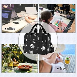 Skull Cat Moon Gothic Insulated Lunch Bags Reusable Lunch Tote Bag Cooler Bag for Women Men Adult Lunch Box with Adjustable Shoulder Strap Leakproof Lunch Bag for Work School Picnic Camping