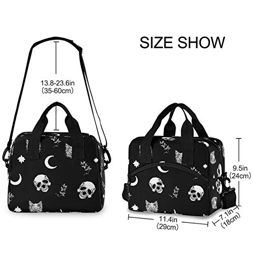 Skull Cat Moon Gothic Insulated Lunch Bags Reusable Lunch Tote Bag Cooler Bag for Women Men Adult Lunch Box with Adjustable Shoulder Strap Leakproof Lunch Bag for Work School Picnic Camping