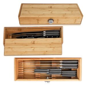 kid safe in-drawer bamboo sharp knives holder & organizer. (knives not included). multi purpose lock box. only 5.5 inches wide. holds up tp 25 knives. best knife block alternative!