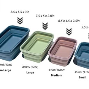 ICHC Set of 4 Collapsible Storage Containers - Space Saving Food Silicone Container, Flat Stacks, Travel Food Containers, Airtight Lunch Box With Lids, Stackable & Reusable