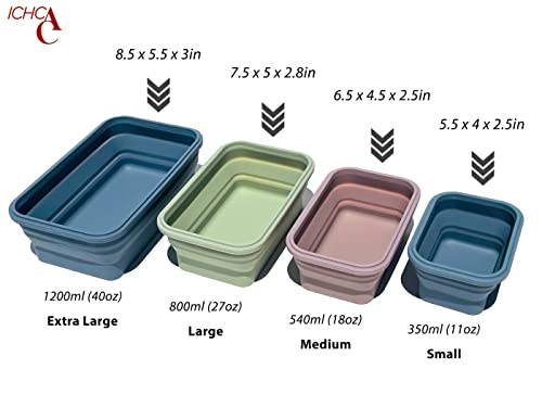 ICHC Set of 4 Collapsible Storage Containers - Space Saving Food Silicone Container, Flat Stacks, Travel Food Containers, Airtight Lunch Box With Lids, Stackable & Reusable