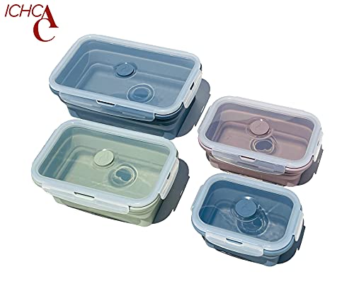 ICHC Set of 4 Collapsible Storage Containers - Space Saving Food Silicone Container, Flat Stacks, Travel Food Containers, Airtight Lunch Box With Lids, Stackable & Reusable