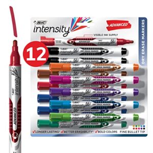 bic intensity advanced colorful dry erase markers, fine bullet tip, 12-count pack of assorted colors, whiteboard markers for teachers and office supplies (gelipp121-ast)