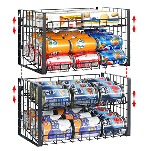 JKsmart 4-Tier Stackable Can Rack Organizer for Pantry, Adjustable Can Dispenser Holds Up to 62 Cans, Can Storage Holder for Various Ounces of Canned Food Soda Drinks, Black