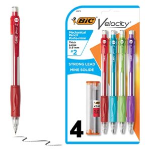 bic velocity strong lead mechanical pencils, with colorful barrel, thick point (0.9mm), 4-count pack mechanical pencils with erasers