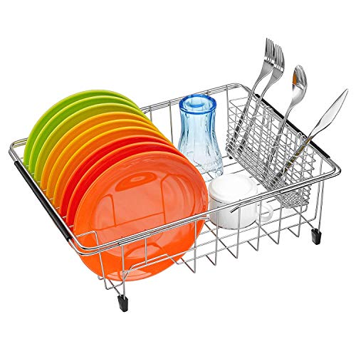 SANNO Dish Drying Rack with Stainless Steel Utensil Holder Expandable Dish Rack Drainer Sink Dish Rack, Deep Large Dish Drainer Dish Rack in Sink On Counter