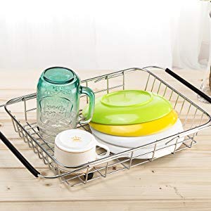 SANNO Dish Drying Rack with Stainless Steel Utensil Holder Expandable Dish Rack Drainer Sink Dish Rack, Deep Large Dish Drainer Dish Rack in Sink On Counter