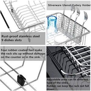 SANNO Dish Drying Rack with Stainless Steel Utensil Holder Expandable Dish Rack Drainer Sink Dish Rack, Deep Large Dish Drainer Dish Rack in Sink On Counter